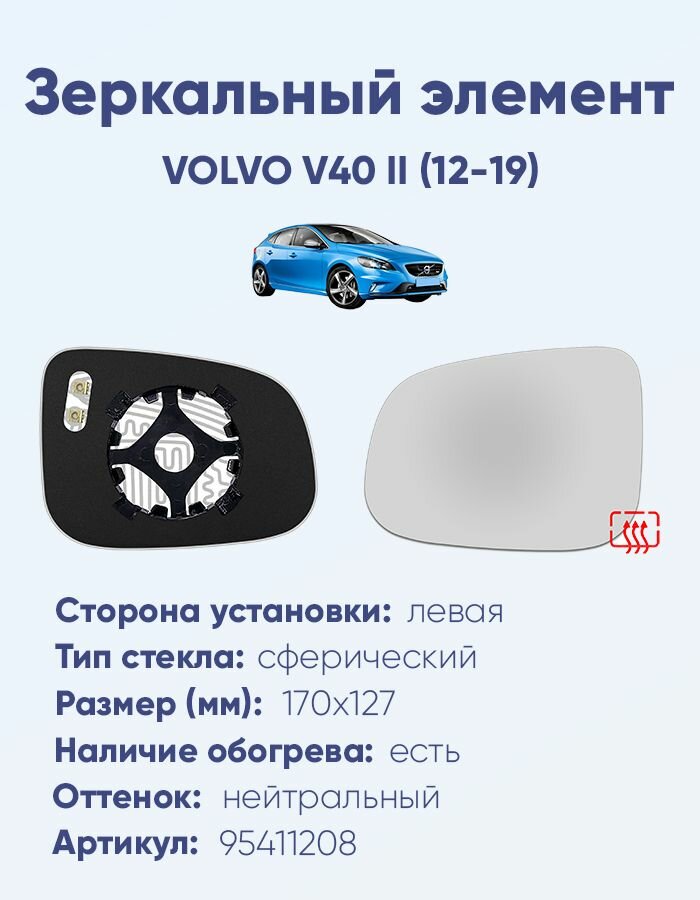 Зеркальный элемент левый VOLVO V40 II (12-19) сфера нейтральный с обогревом