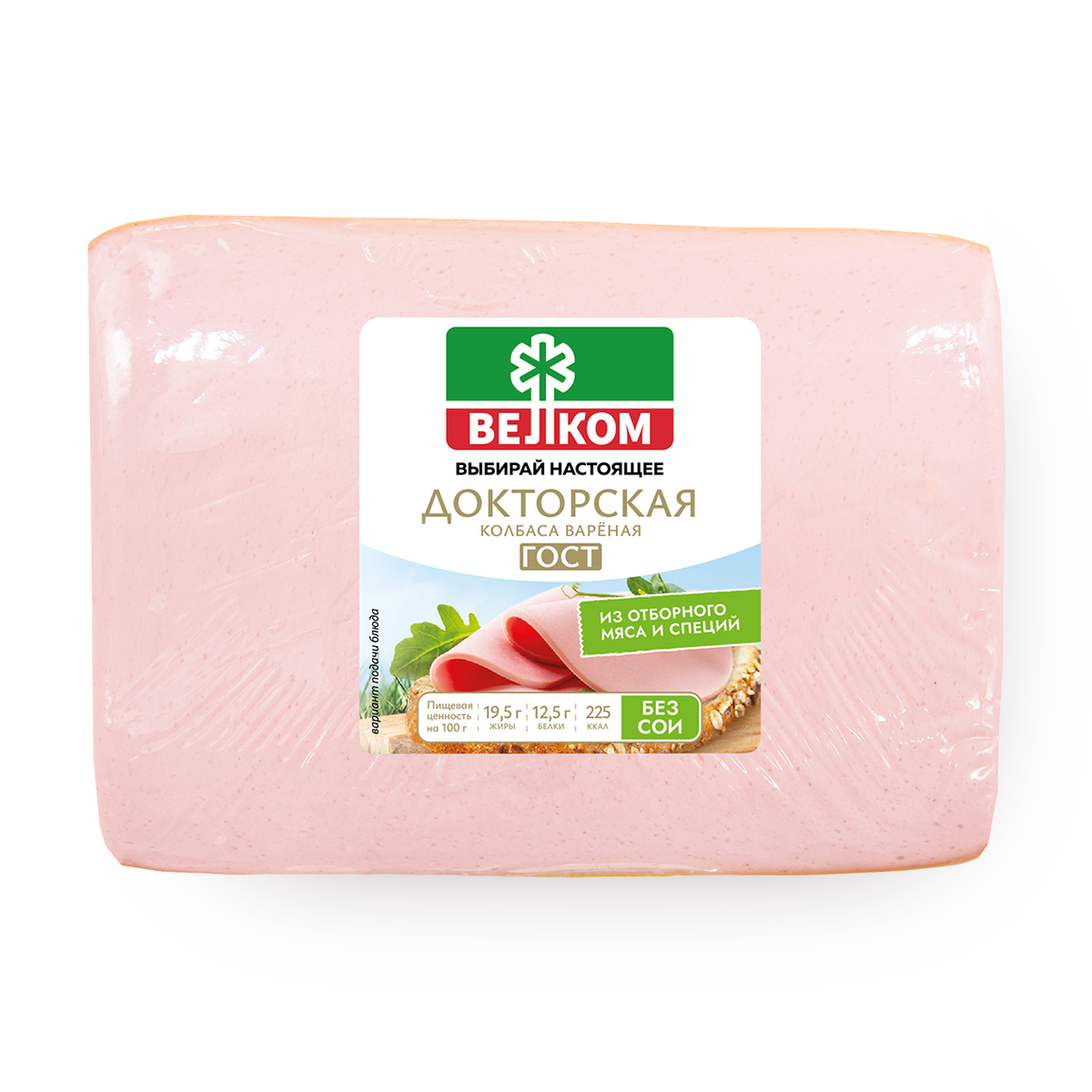 Вареная колбаса Велком "Докторская", без сои, вес 400 г, 1 упаковка