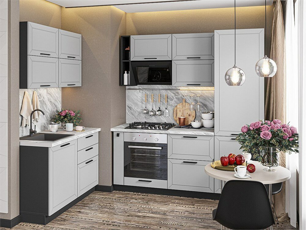 VVT Кухонный гарнитур модульный Глетчер-03, каркас ЛДСП Graphite, фасад МДФ Гейнсборо Силк, 2140*1200/2000*600 Гейнсборо Силк