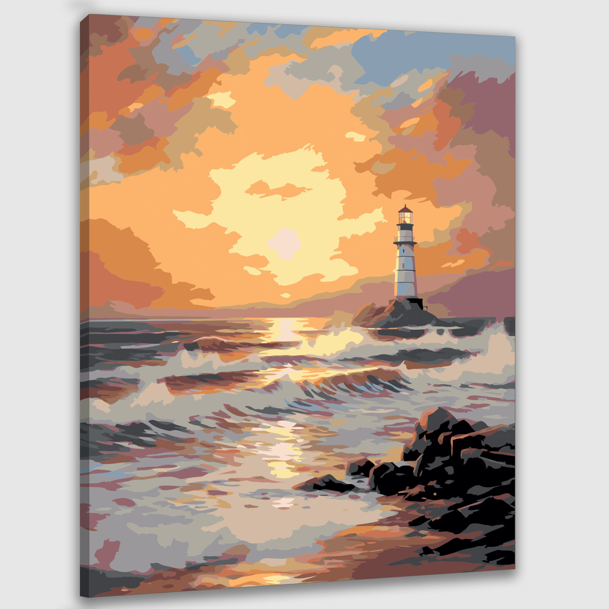 Картина по номерам 40x50 см, импрессионизм, картина, масло, прибрежный пейзаж, закат, волны, песок, маяк, свет