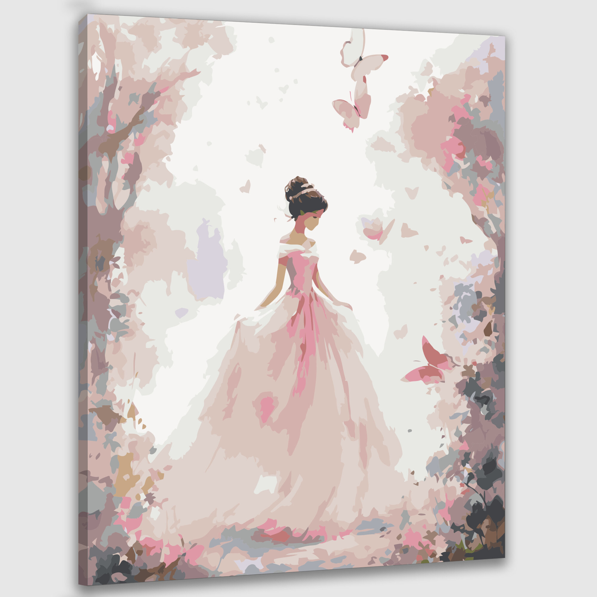 Картина по номерам 40x50 см, Принцесса, розовое платье, корона, цветущий сад, пастельные цвета, бабочки, акварель