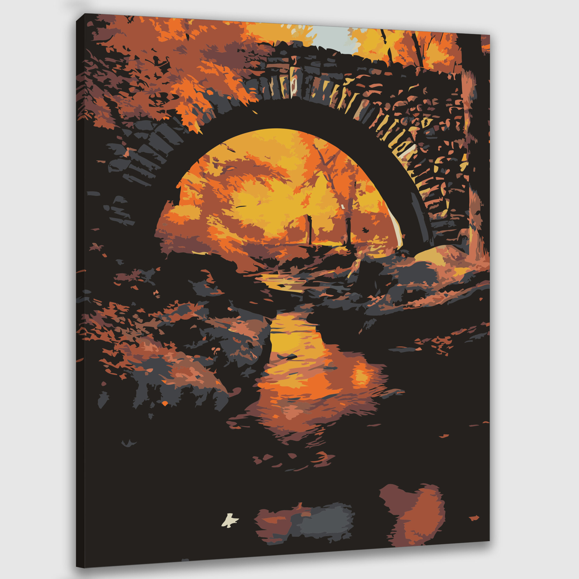 Картина по номерам 40x50 см, каменный мост, осенние деревья, выветренные колонны, арка, пышная листва