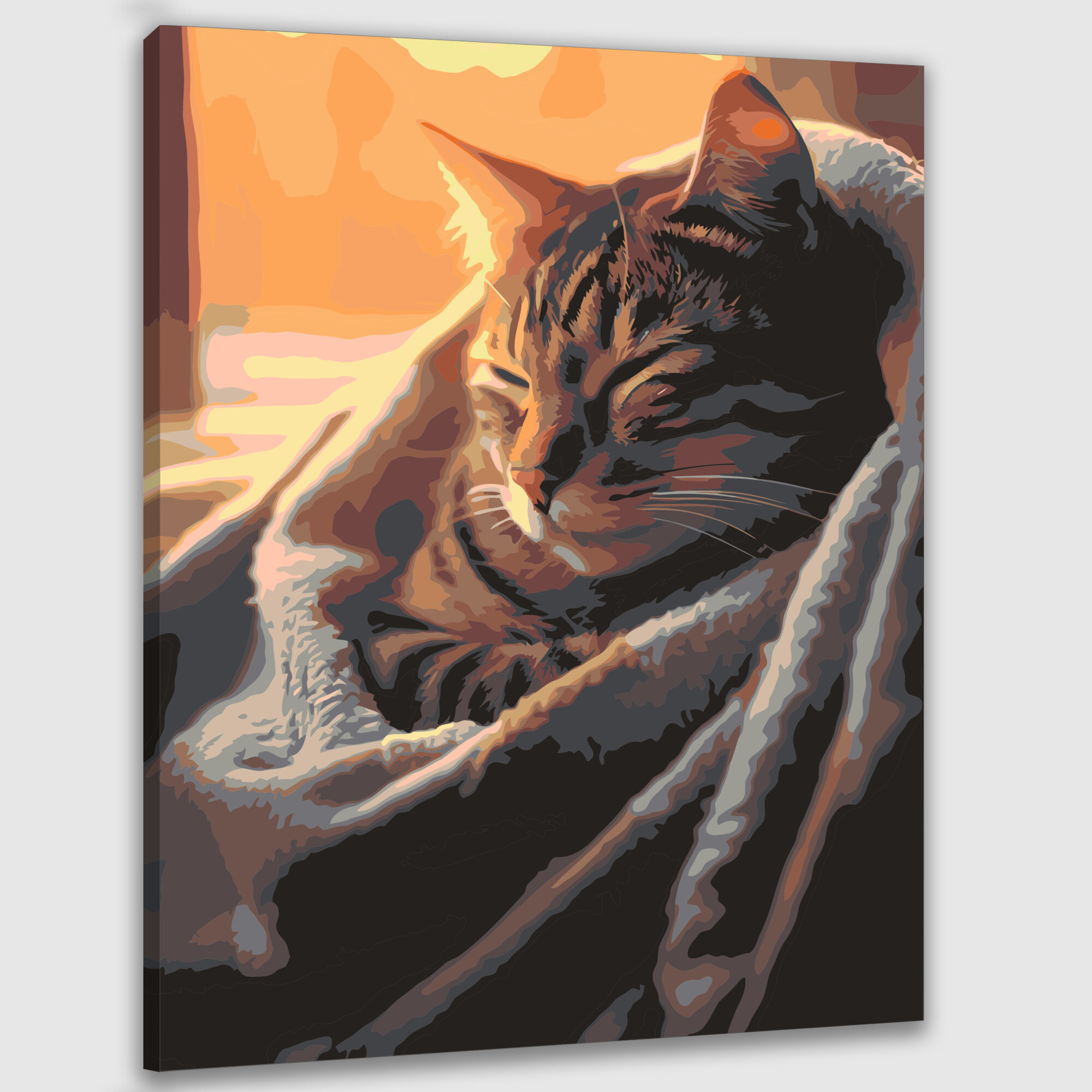 Картина по номерам 40x50 см, кошка, полосатая, довольная, калачиком, одеяло, окно, солнце, лучи, рассвет, отблеск