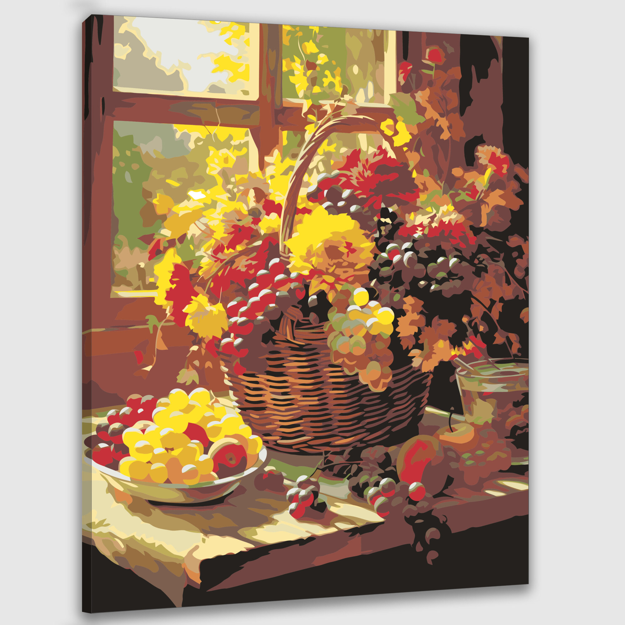Картина по номерам 40x50 см, яркий, аппетитный, натюрморт, фруктовая корзина, клубника, виноград, цитрусовые