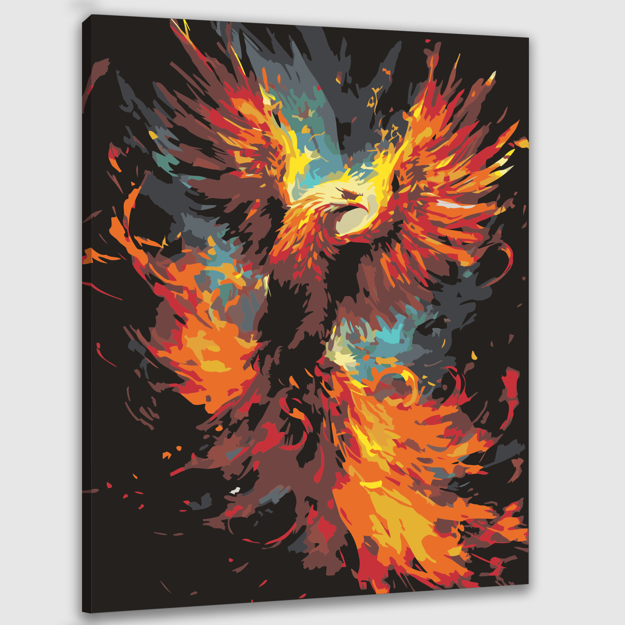 Картина по номерам 40x50 см, феникс, огонь, пепел, крылья, перья, оранжевый, красный, золотой, глаза, решимость