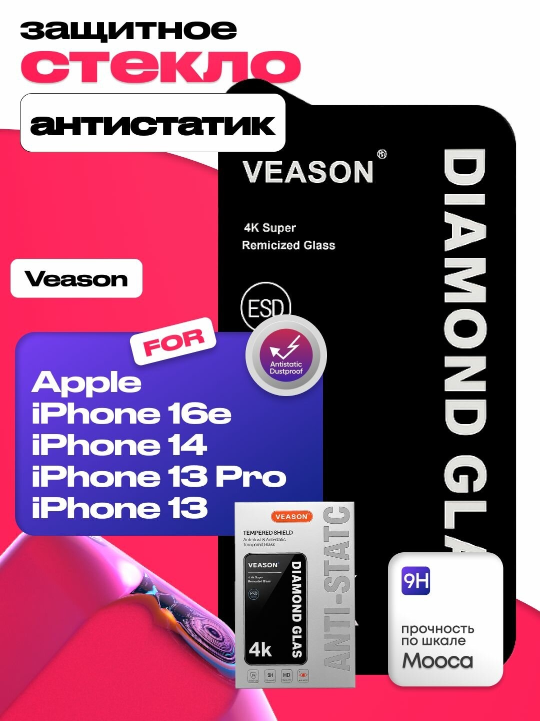 Защитное стекло VEASON для iPhone 16е, iPhone 14, iPhone 13 Pro, айфон 13 антистатик