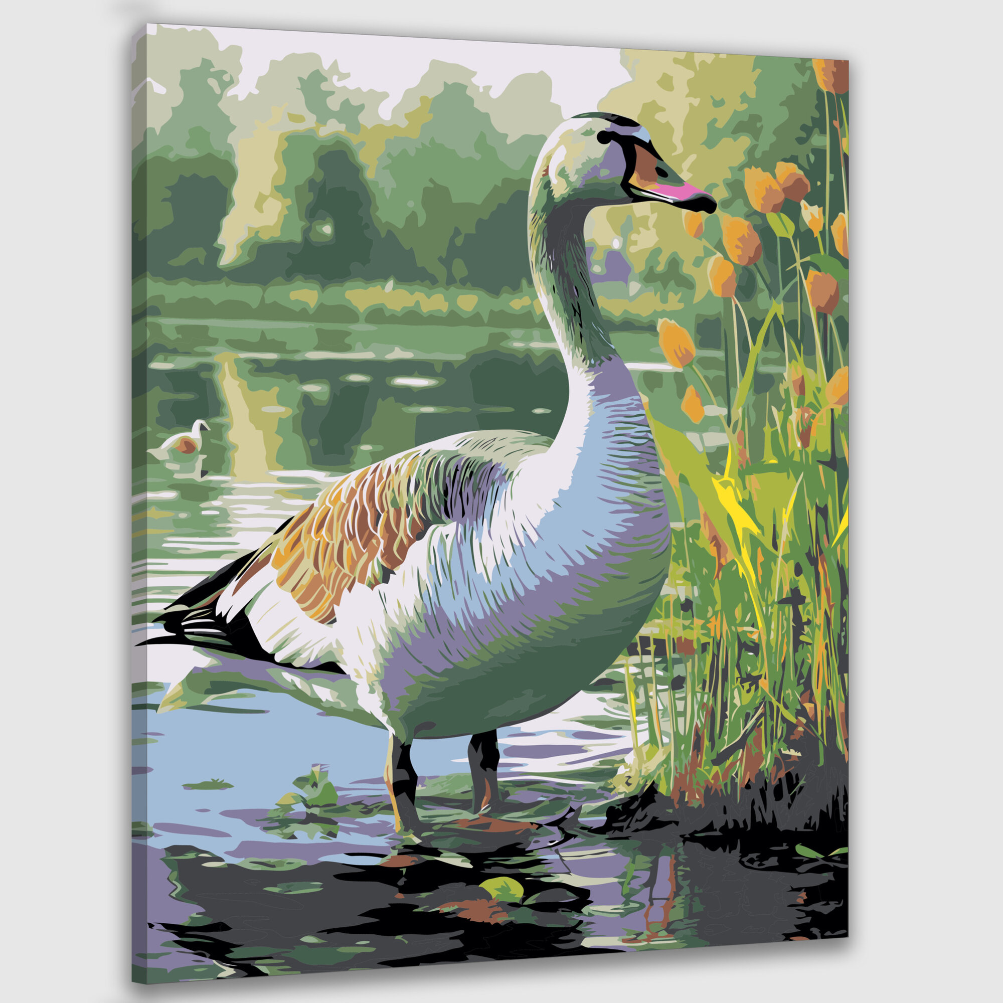 Картина по номерам 40x50 см, гусь, озеро, перья, ветерок, зелень, фон, вода, ландшафт, детали оперения, красота, грация