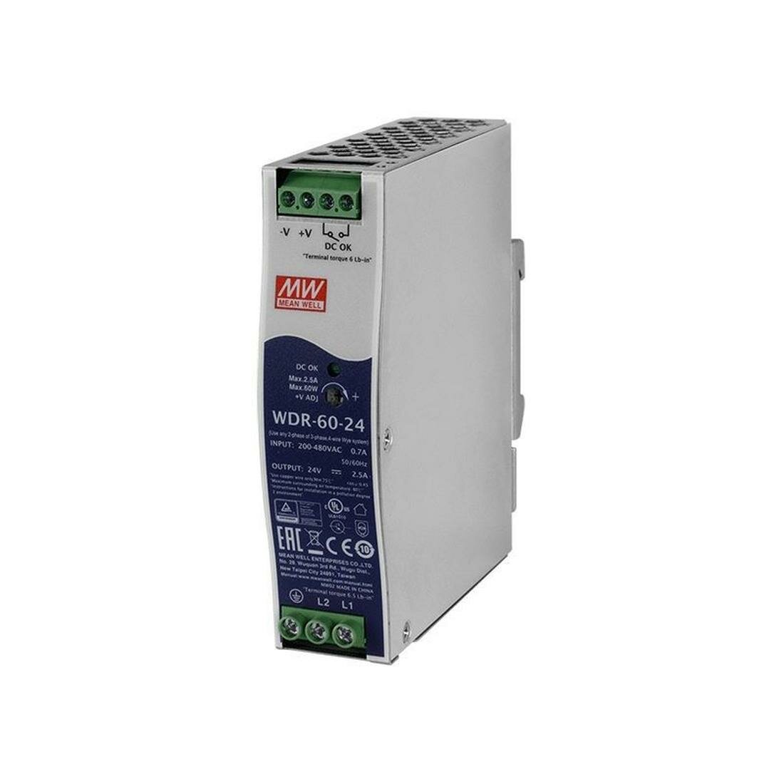 Источник питания AC-DC на DIN-рейку Mean Well WDR-60-24, напряжение 24 В
