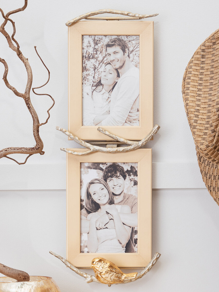 Настенная деревянная двойная рамка Bogacho Зарничка с декором из стали для фотографий формата А6 10х15 см