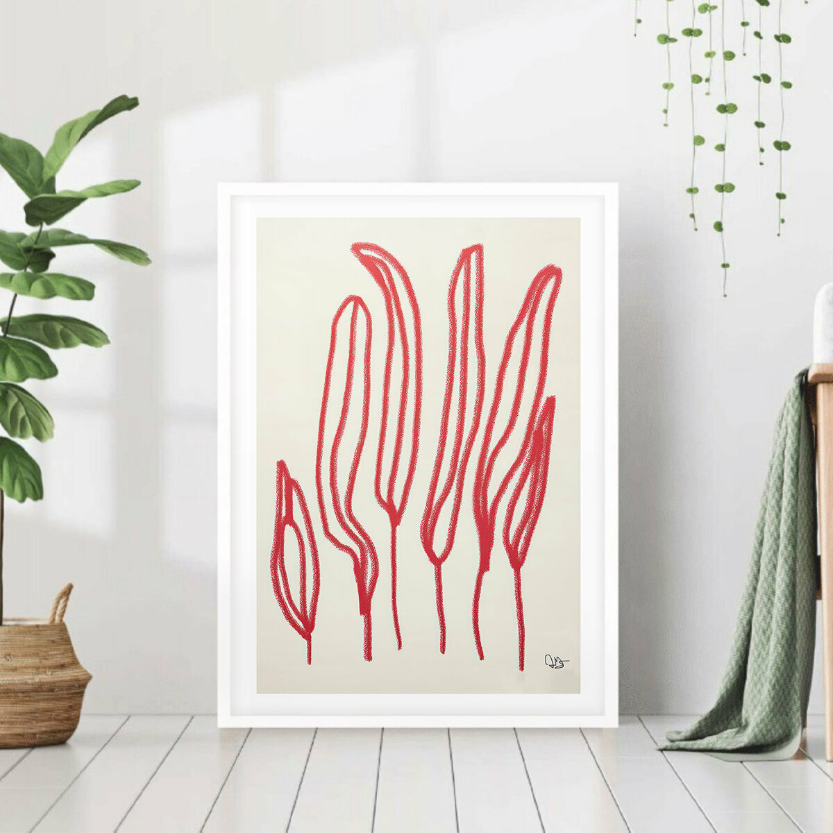 Постер "Абстракция красные растения репродукция" 50x70 в белой рамке для интерьера на стену