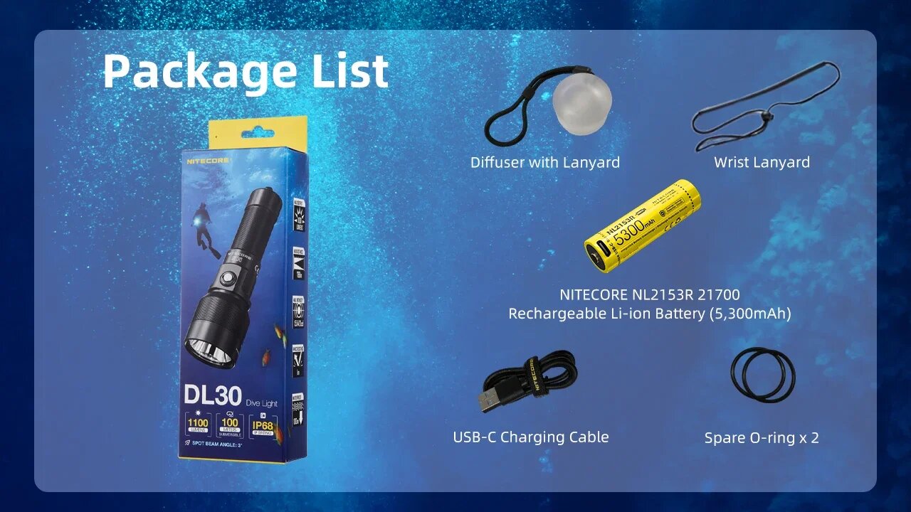 Фонарик для дайвинга NITECORE DL30 для 100-метрового погружного прожектора дальнего действия 788 м с перезаряжаемой литий-ионной батареей 21700 с USB-C