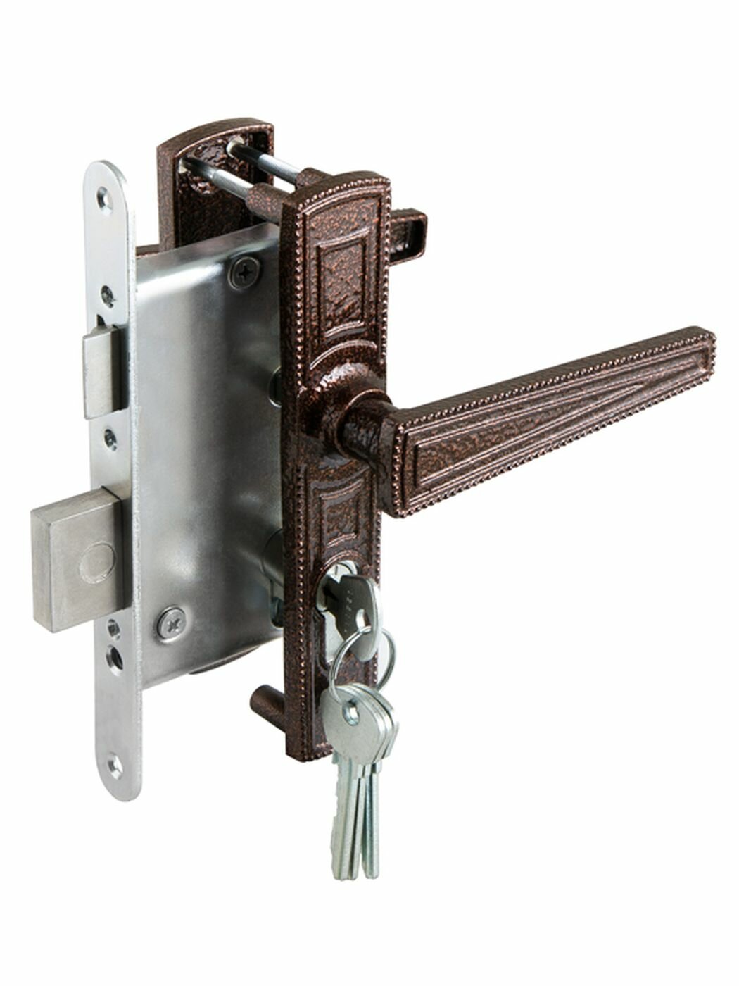 Ручка дверная на планке с замком под цилиндр с защелкой зенит ЗВ4-3.01 (медь), 4 кл.