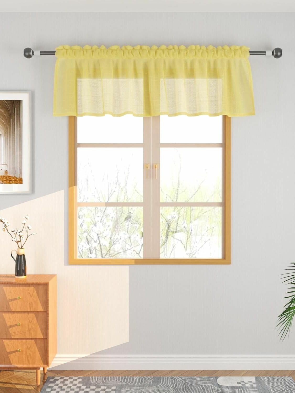 Штора ламбрекен для кухни из однотонного тюля вуаль на ленте под крючки арт. ТУ-ЛАМБР-770 цвет желтый