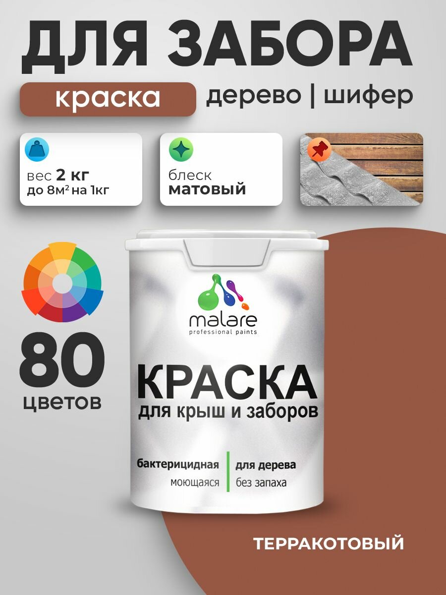 Акриловая краска Malare для деревянного забора/ по дереву для наружных и внутренних работ/ быстросохнущая моющаяся без запаха, матовая, терракотовый, 2 кг.