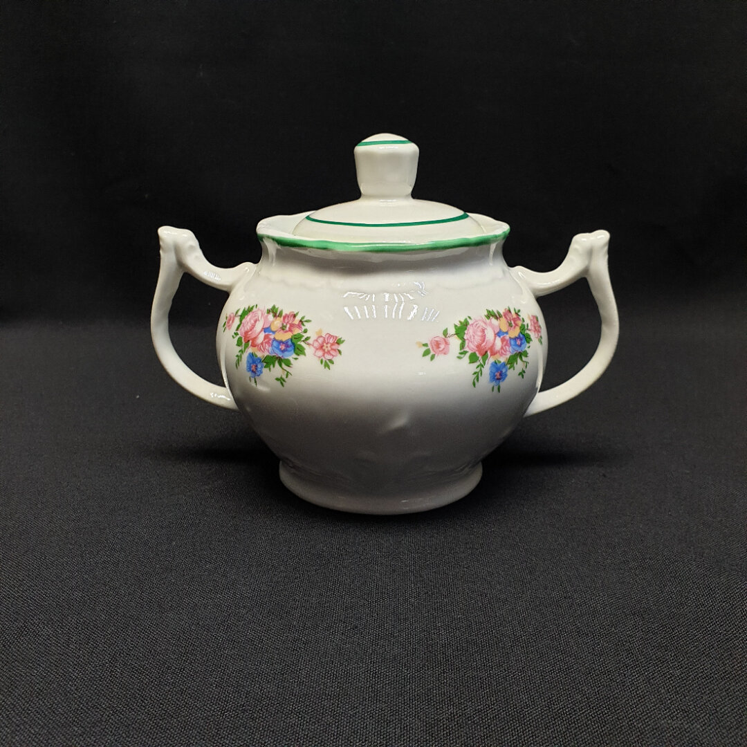 Сахарница, Дмитровский ФЗ, фарфор, деколь, V 500 мл, h 12 см, винтаж, СССР