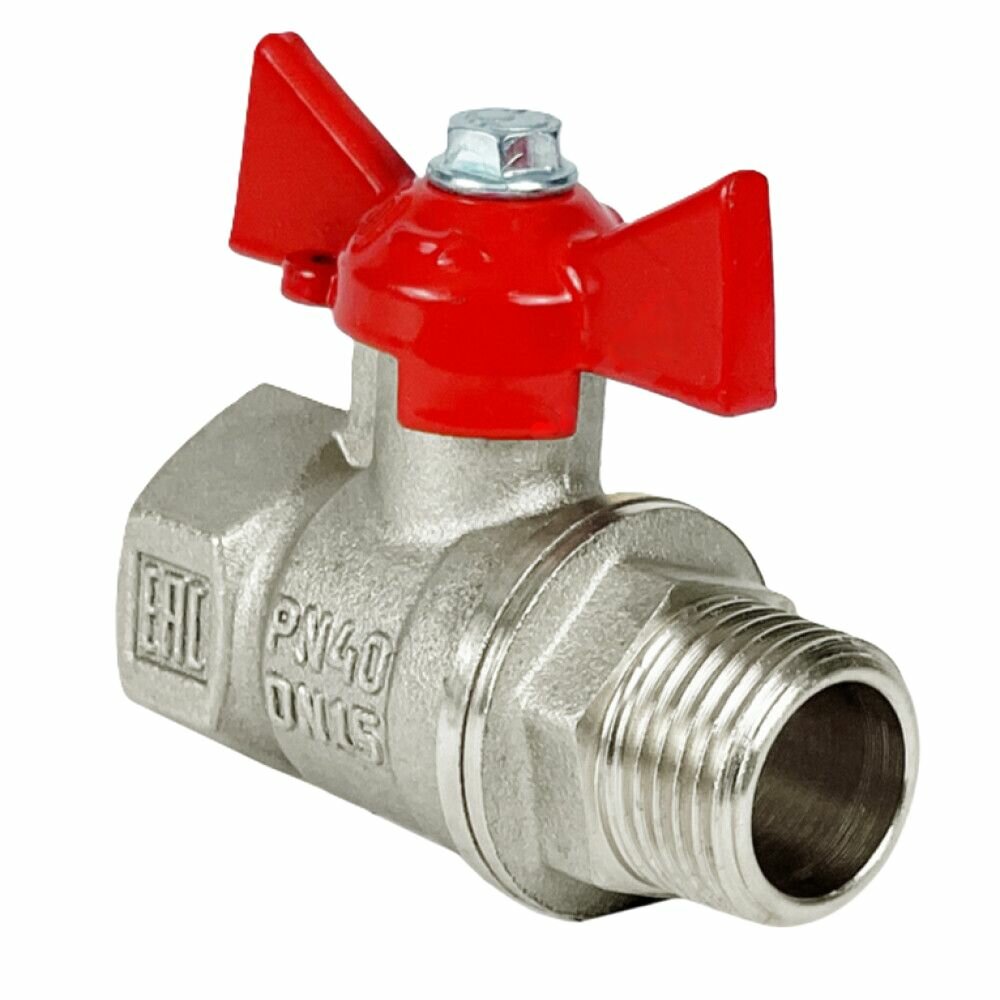 Кран шаровой латунь никель 11Б27фт1М Ду 15 Ру40 ВР/НР бабочка красная VALFEX VF.218. NB1.012. N/P59