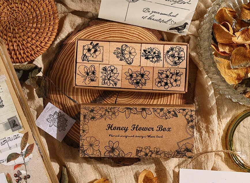 Деревянные штампы "Цветы" 8шт. Печать для творчества, для скрапбукинга и рукоделия