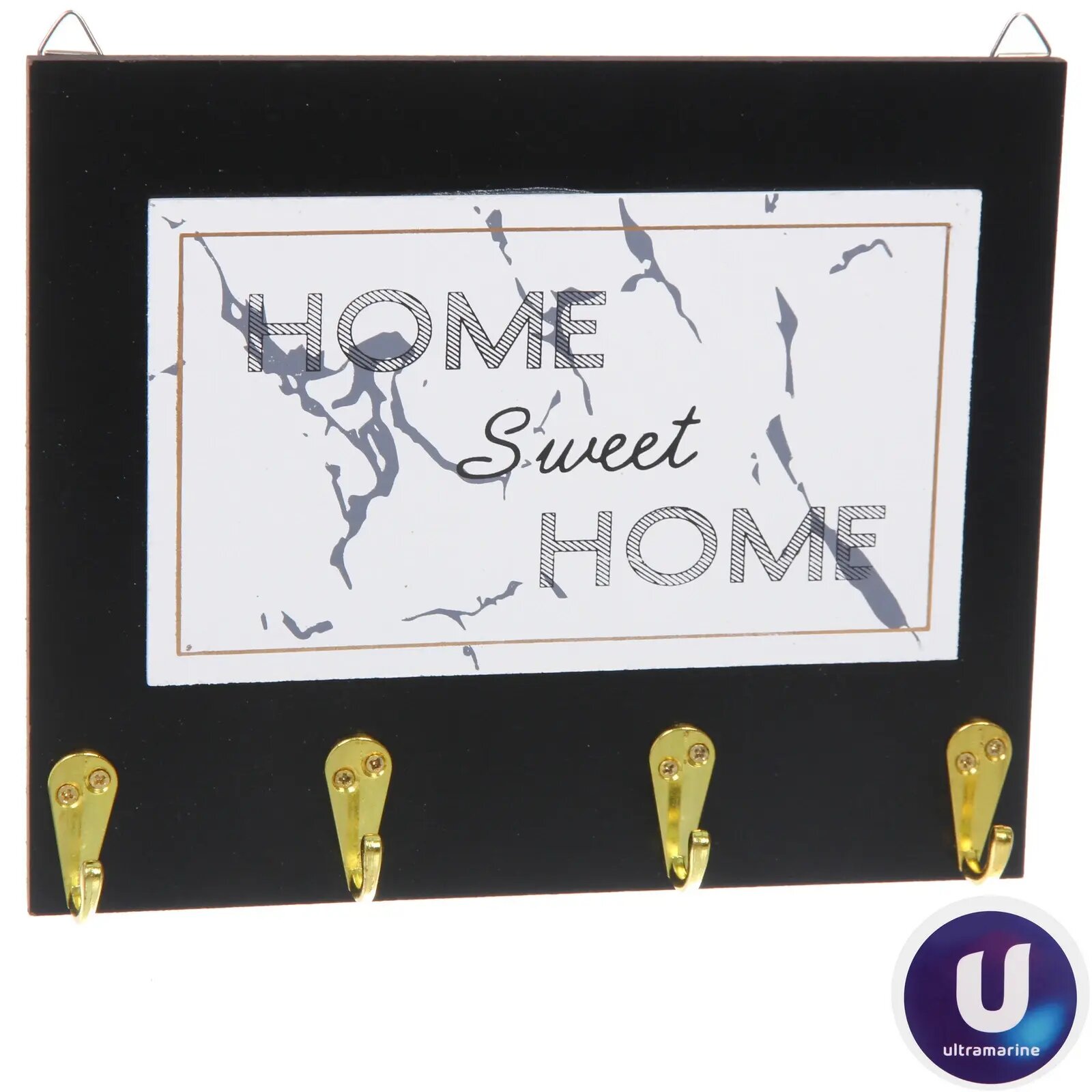 Ключница настенная "лофт тамбл" с 4 крючками, дерево и металл, 21х17.6см, черный с мраморной вставкой