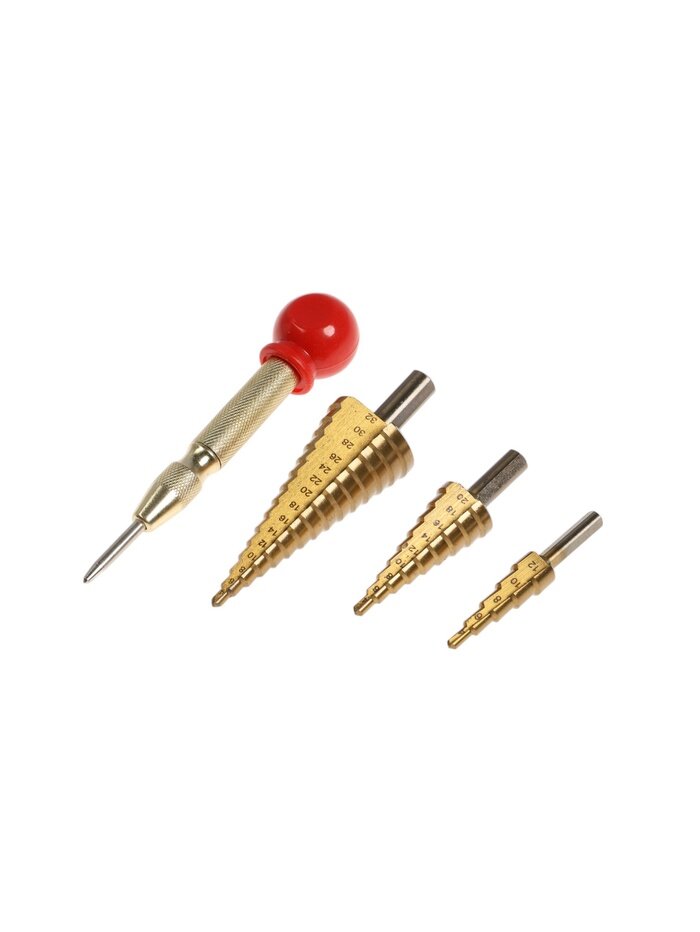 Набор сверл ступенчатых с кернером тундра, HSS, трехгранный хвостовик, 4-12, 4-20, 4-32 мм