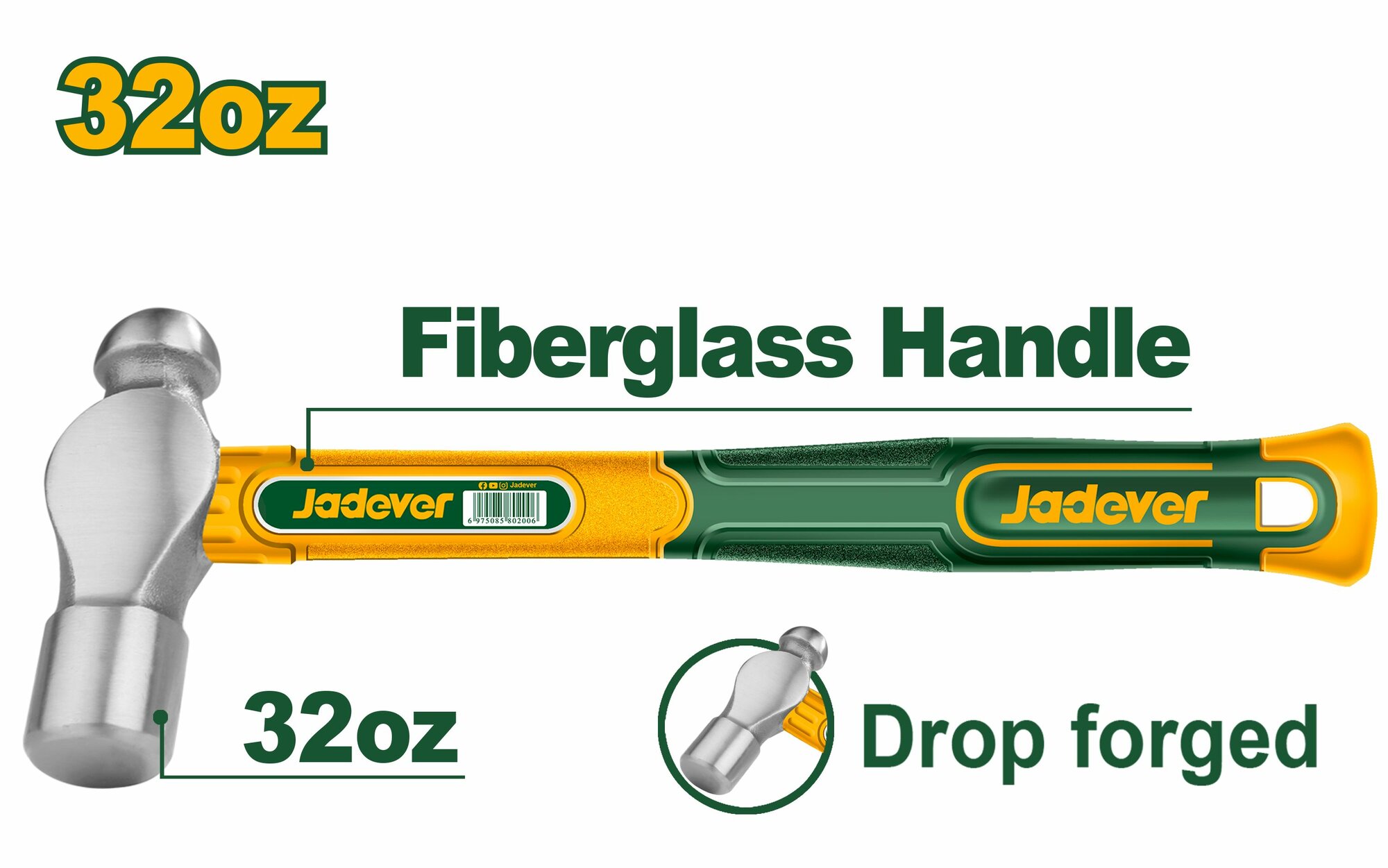 Молоток 900гр с круглым бойком и фиберглассовой ручкой JADEVER JDHM5332