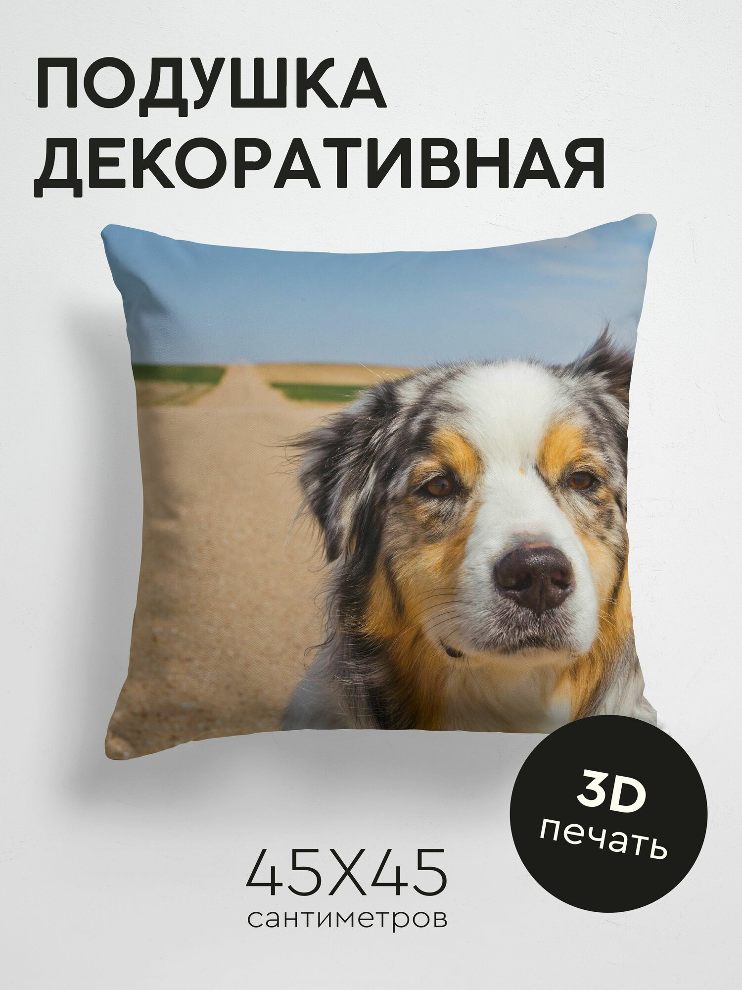 Подушка декоративная, 45x45см / Животные / австралийская овчарка / морда / пятнистый / дорога