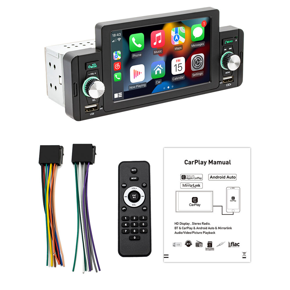 5 Inch Car Stereo MP5 Player BT FM Radio Receiver с поддержкой Carplay Android Auto Hands-Free Calling USB Charge/Playback Phone Link Reversing Assist Steering Wheel Control, экран 5 Inch, разрешение 800x480, рабочее напряжение 12-14.4V, выходная