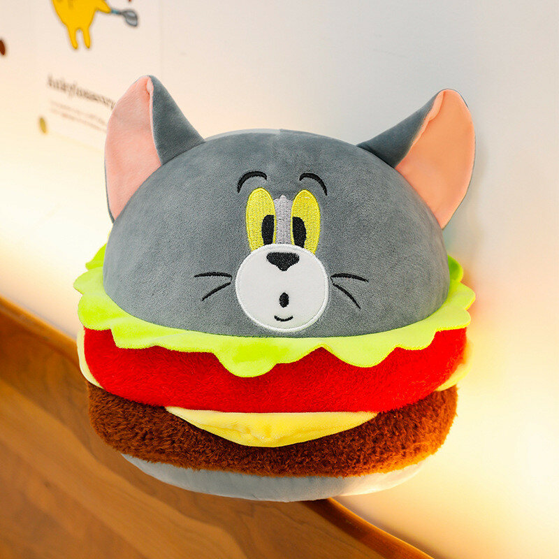 Fun cat and mouse plush hamburger stuffed animal cute round toys for kids and gifts, grey 20*20 cm