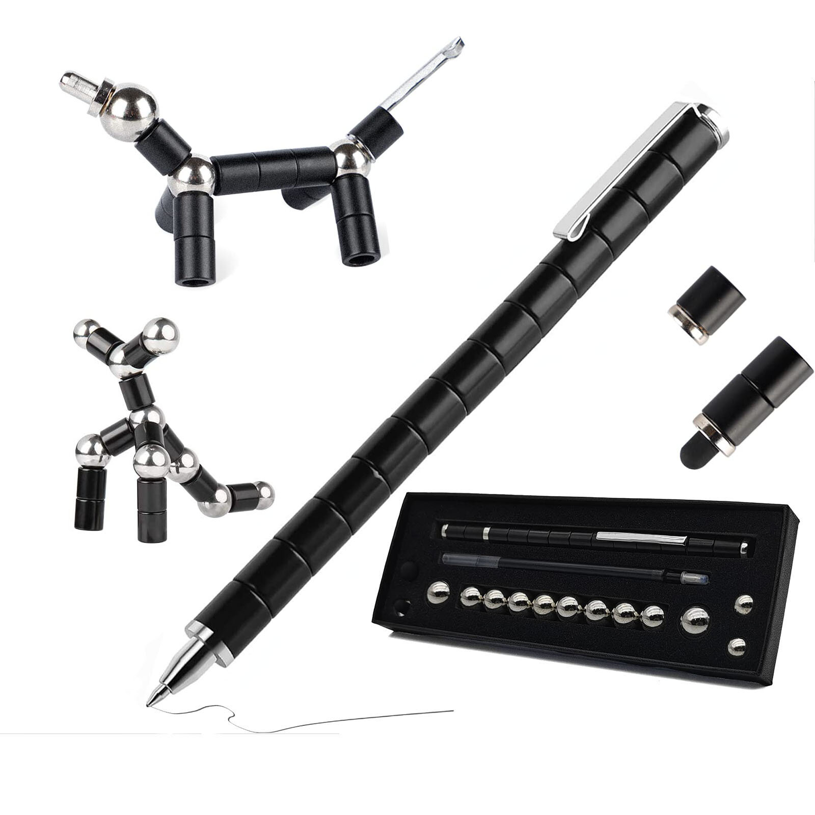 Toy Pen, Декомпрессионная Магнитная Металлическая Ручка, Многофункциональная Деформируемая Магнитная Письменная Ручка, Игрушка-Антистресса для Детей или Друзей, 13 Магнитных Кольцев, 12 Стальных Шаров, 1 Аппарат, 1 Штift, 1 Клипса, 2 Конденсатора, 2