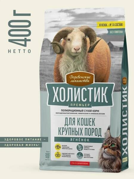 Деревенские лакомства Холистик Премьер 2 шт по 400 г полнорационный сухой корм для кошек крупных пород с ягненком
