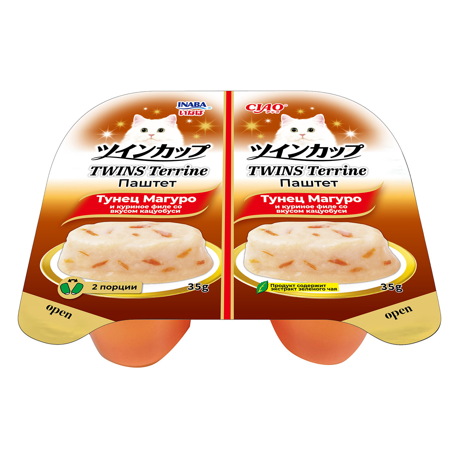 Лакомство для кошек Inaba Ciao Twins Terrine, паштет из куриного филе, тунца Магуро и кацубоси, 1 уп х 70 гр