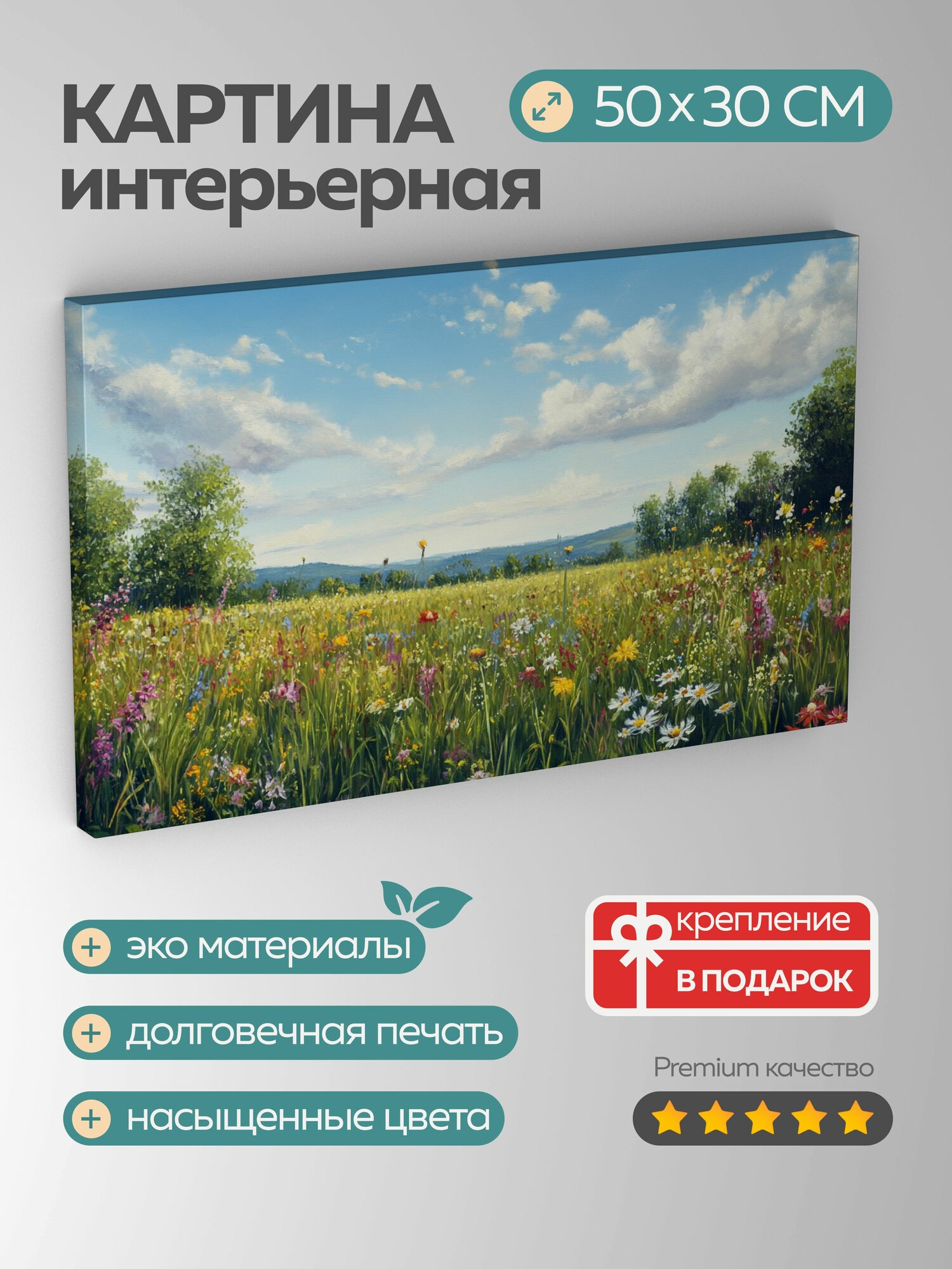 Картина на холсте интерьерная 50х30 см, масляная картина, луг, полевые цветы, нежная красота, природа, яркие оттенки