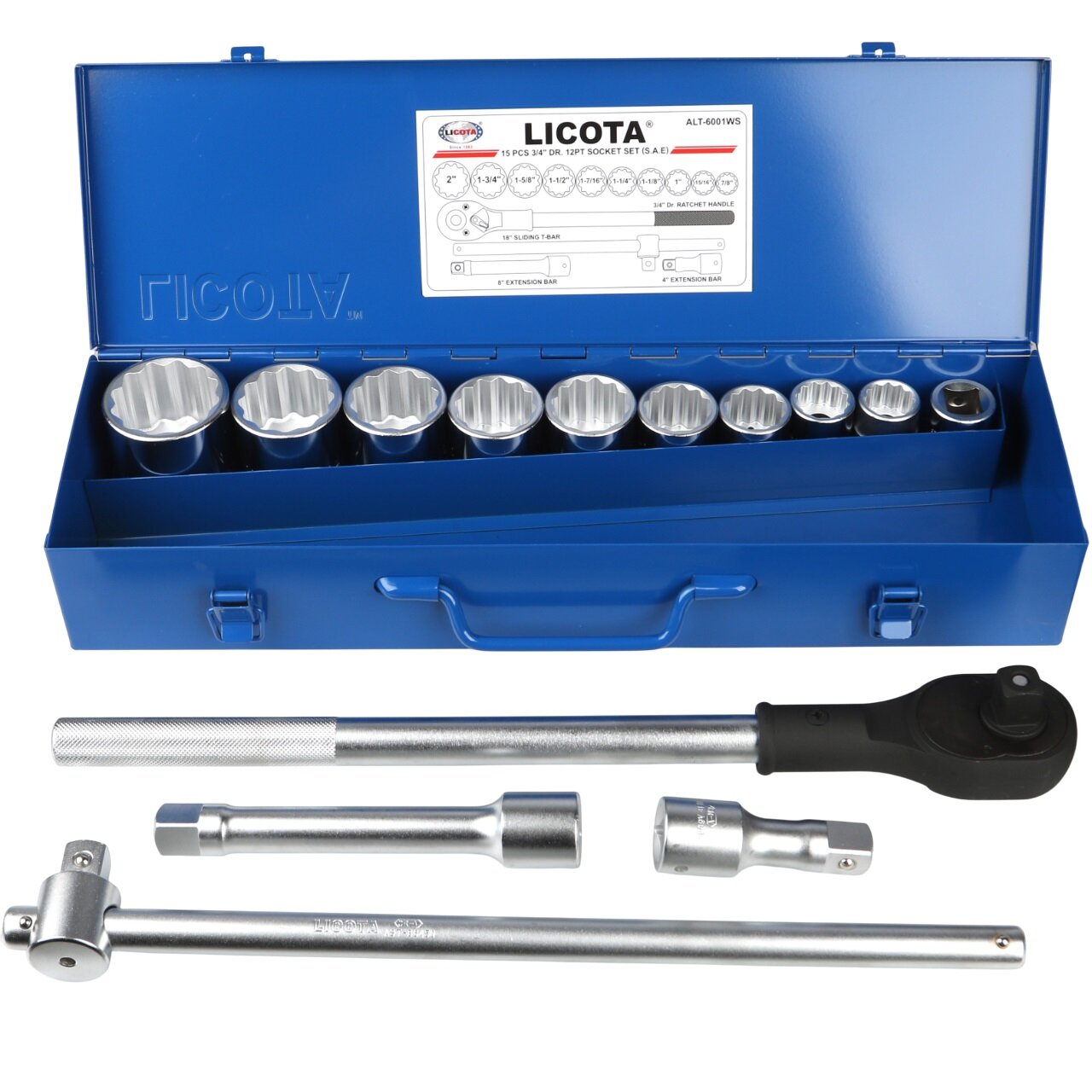 Licota ALT-6001WS Набор торцевых головок 3/4", 12-ти гранных, 15 пр, 7/8"-2"