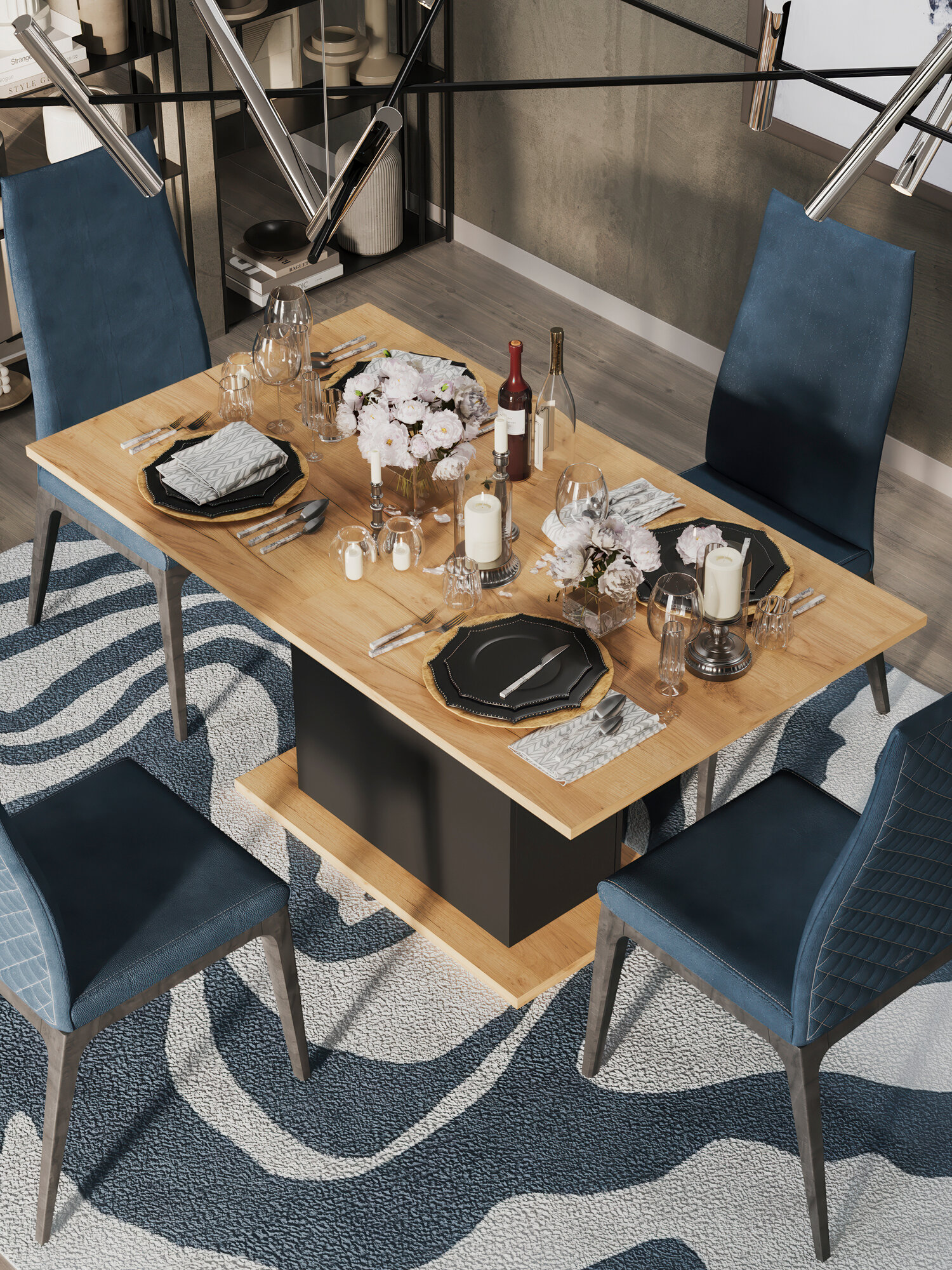 Стол FRENT "Тайлер", раздвижной, с ящиком, ЛДСП, Черный/Дуб Крафт Золотой