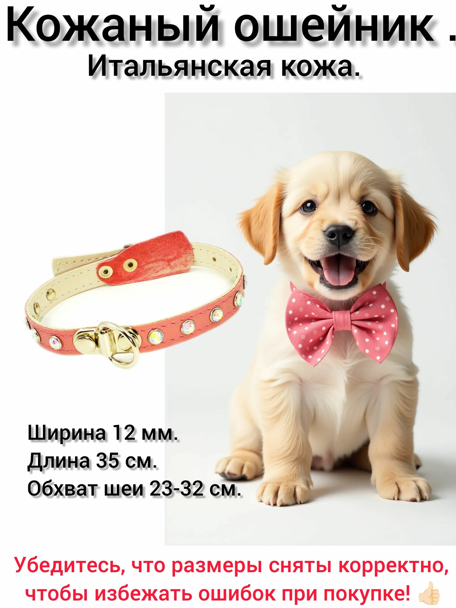 Ошейник из натуральной итальянской кожи со стразами для кошек и мелких пород собак. Ширина 12 мм. Длина 23-32 см.
