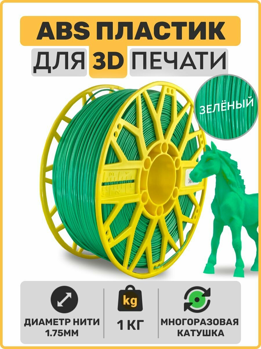 Пластик для 3D принтера ABS. Зеленый. 1,75мм, 1,0 кг.