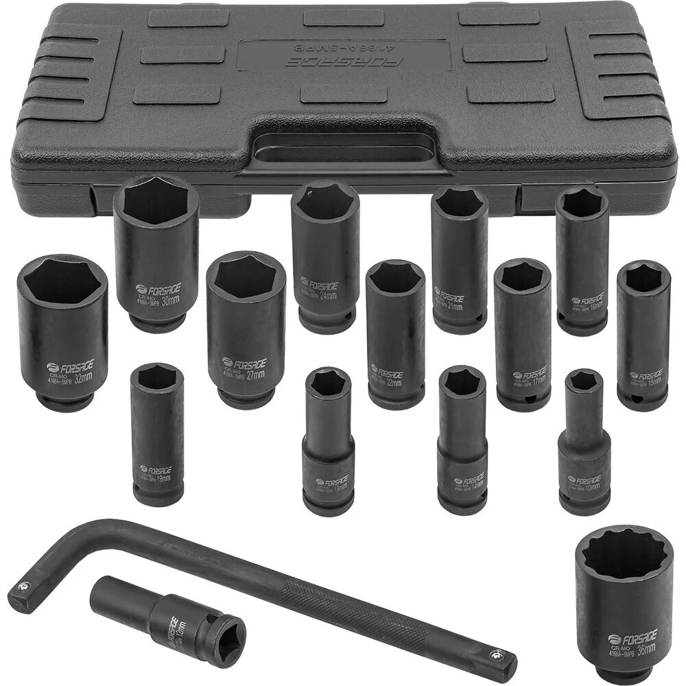 Набор глубоких ударных головок с Г-образным воротком Forsage 1/2'15+1пр.(6-гр) в кейсе F-4166A-5MPB(54602)