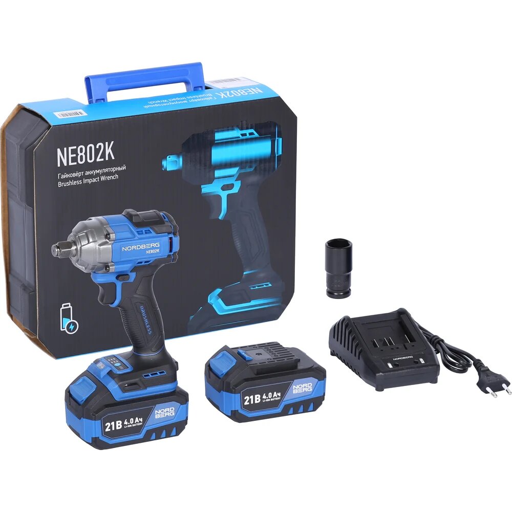 NORDBERG Гайковерт аккумуляторный, 1/2, 21В, 500 Нм с двумя 4A аккум. и зар. уст-вом, в кейсе NE802K