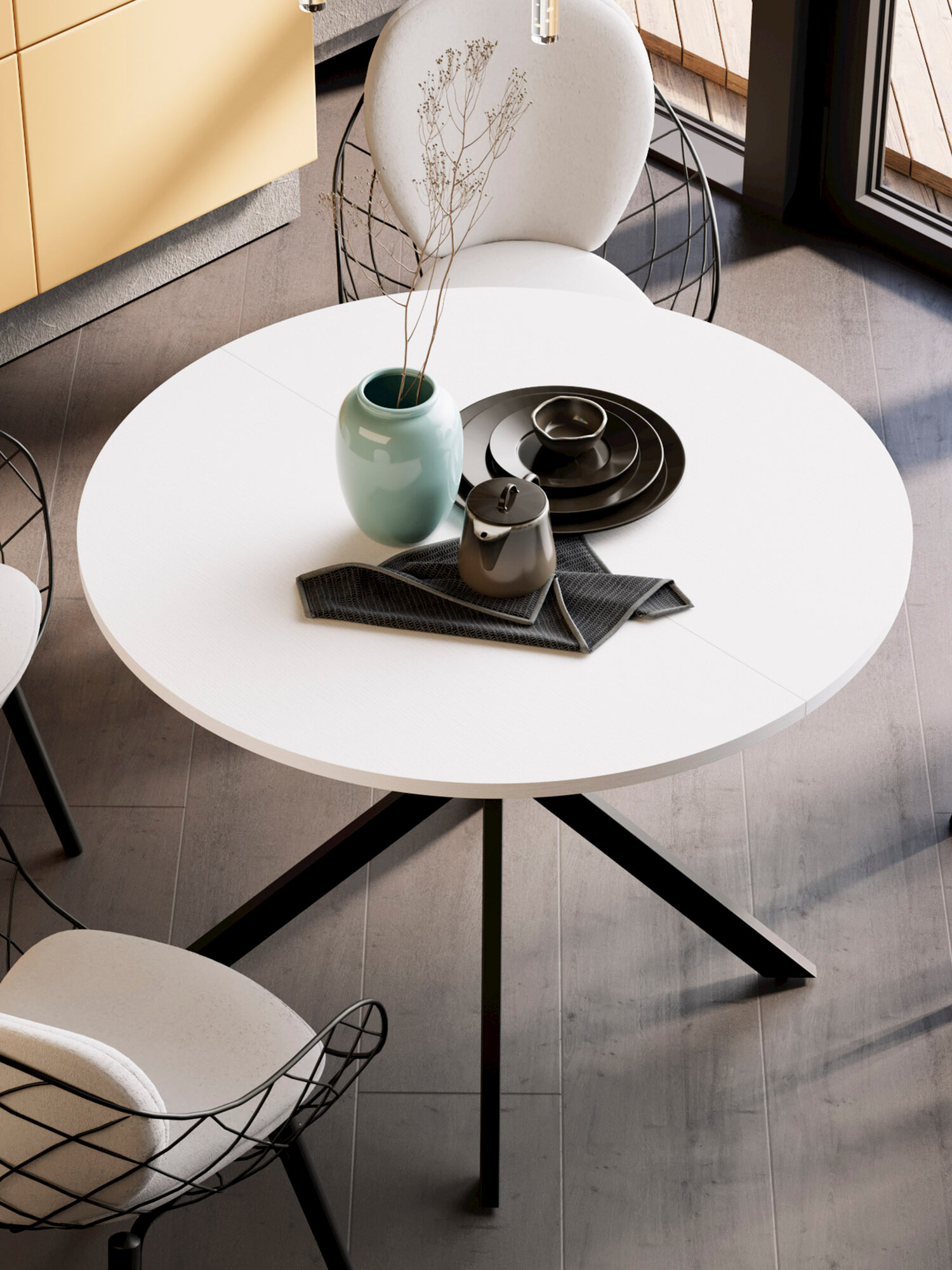 Стол кухонный раздвижной Мэдисон 100х100 см. Круглый, черный муар/белый.