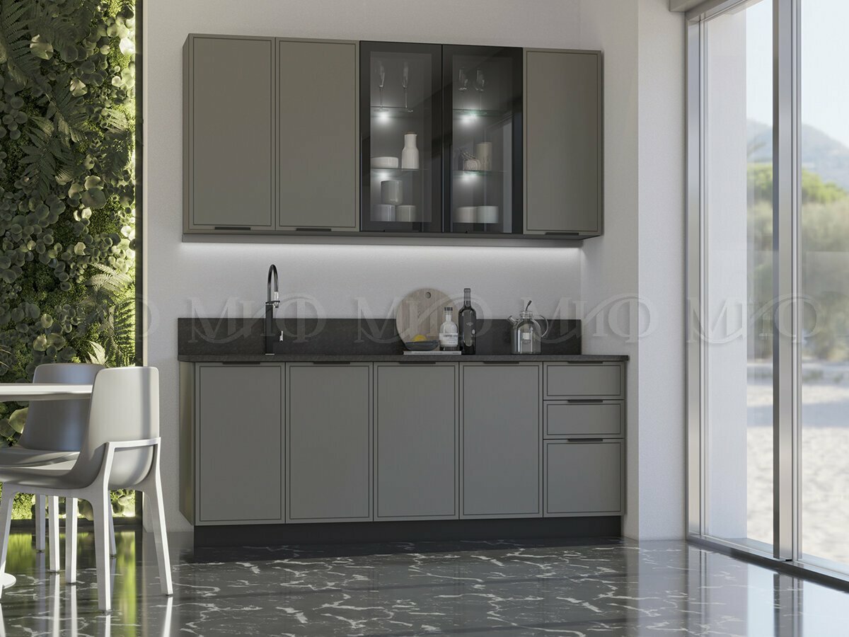 Кухня прямая с высокими шкафами Миф Николь 2,0/900 Холст вулканический, графит / столешница Кастилло темный