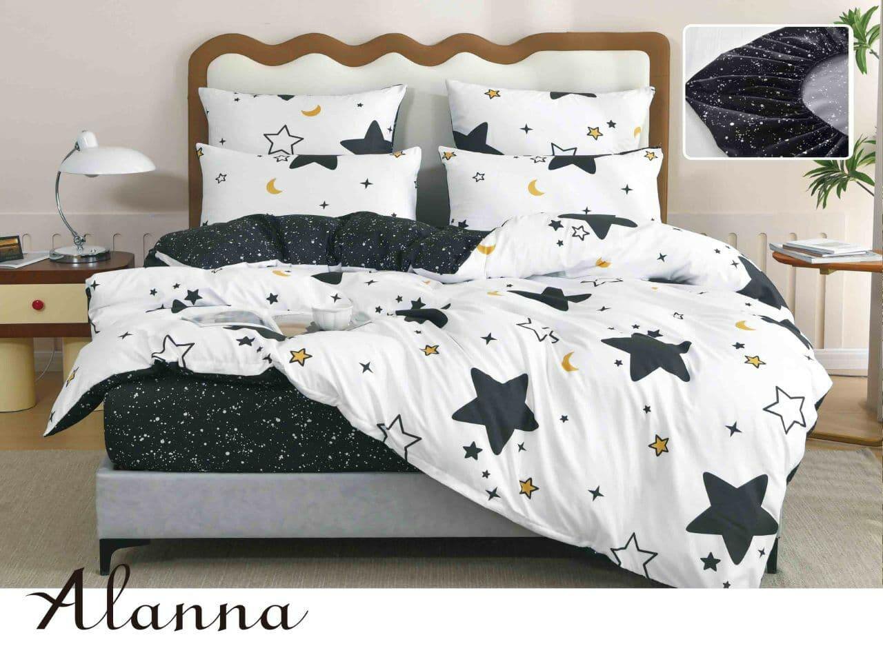 Комплект постельного белья Евро ALANNA Сатин, простыня на резинке, Сердечки/черно-белый