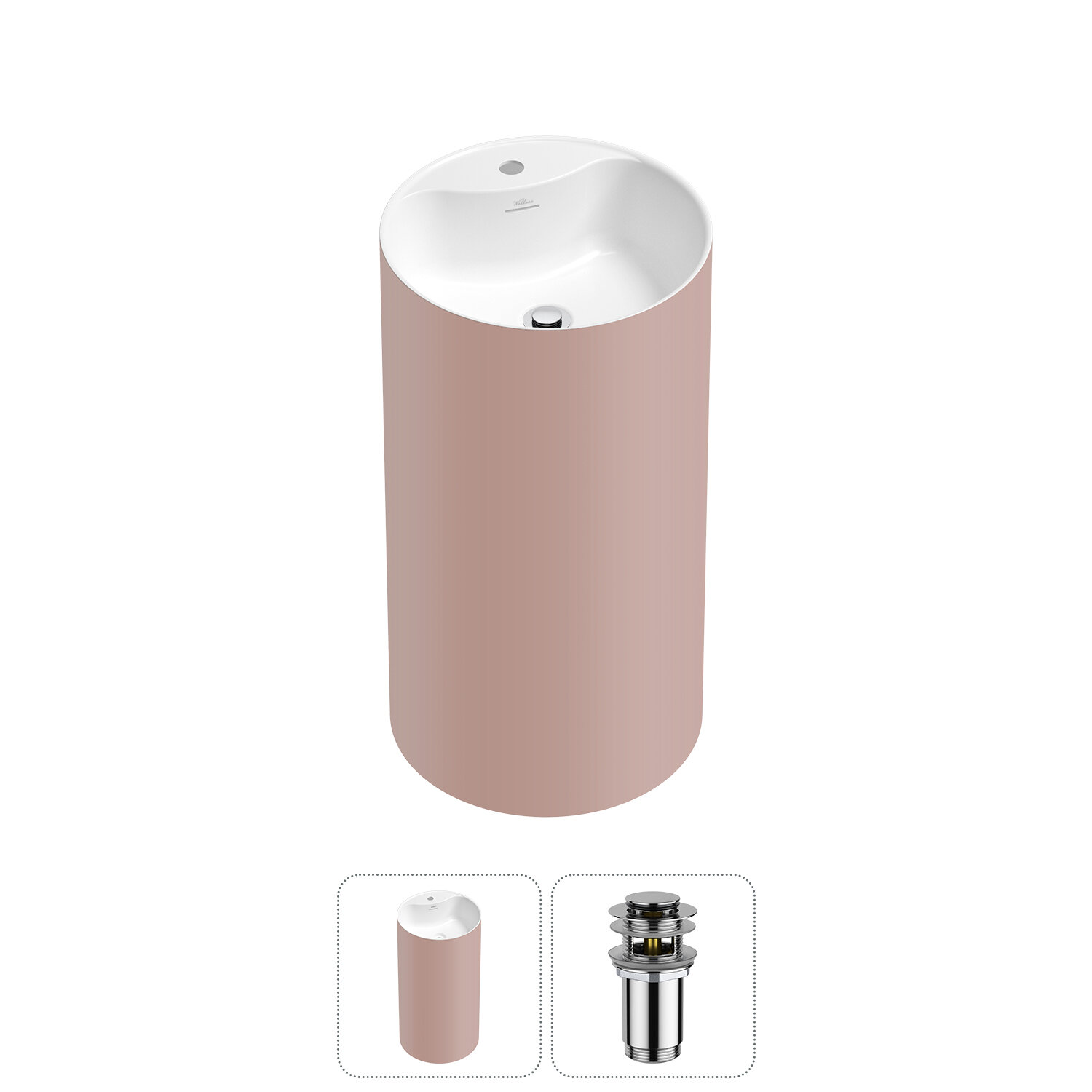 Круглая напольная раковина для ванной Wellsee Chalice Perfection 20213106R в наборе 2 в 1: напольная отдельностоящая раковина моноблок (чаша белый глянец, стенки матовый светло-розовый), донный клапан (цвет хром)