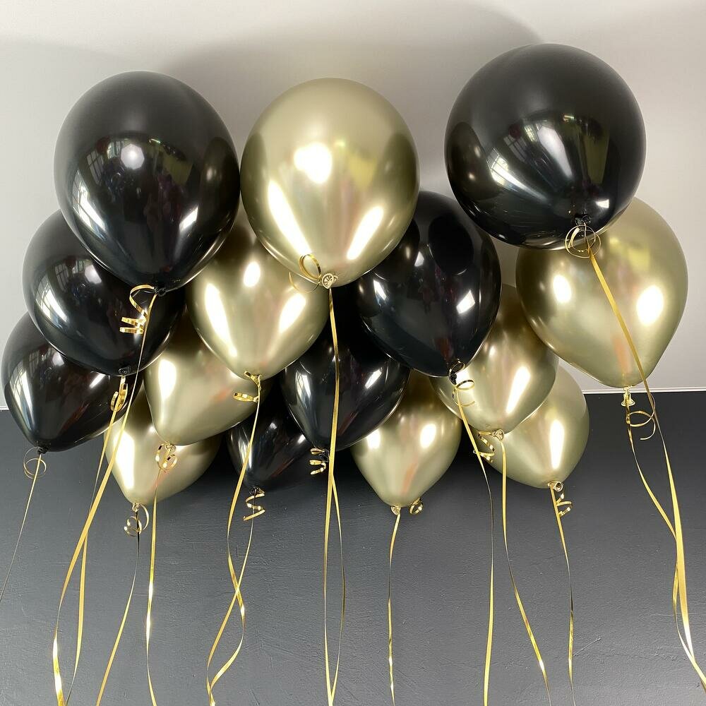 Набор шаров под потолок черно - золотые, шары с гелием, шары на день рождения