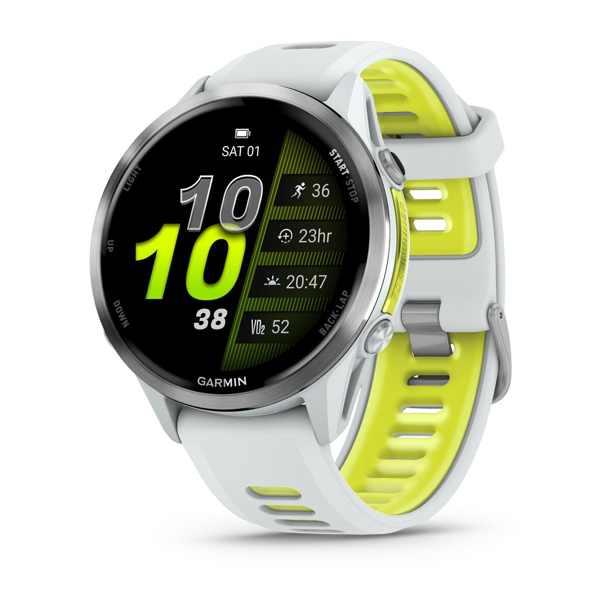 Garmin Forerunner 970 белые, титановый безель, с бело-зеленым ремешком