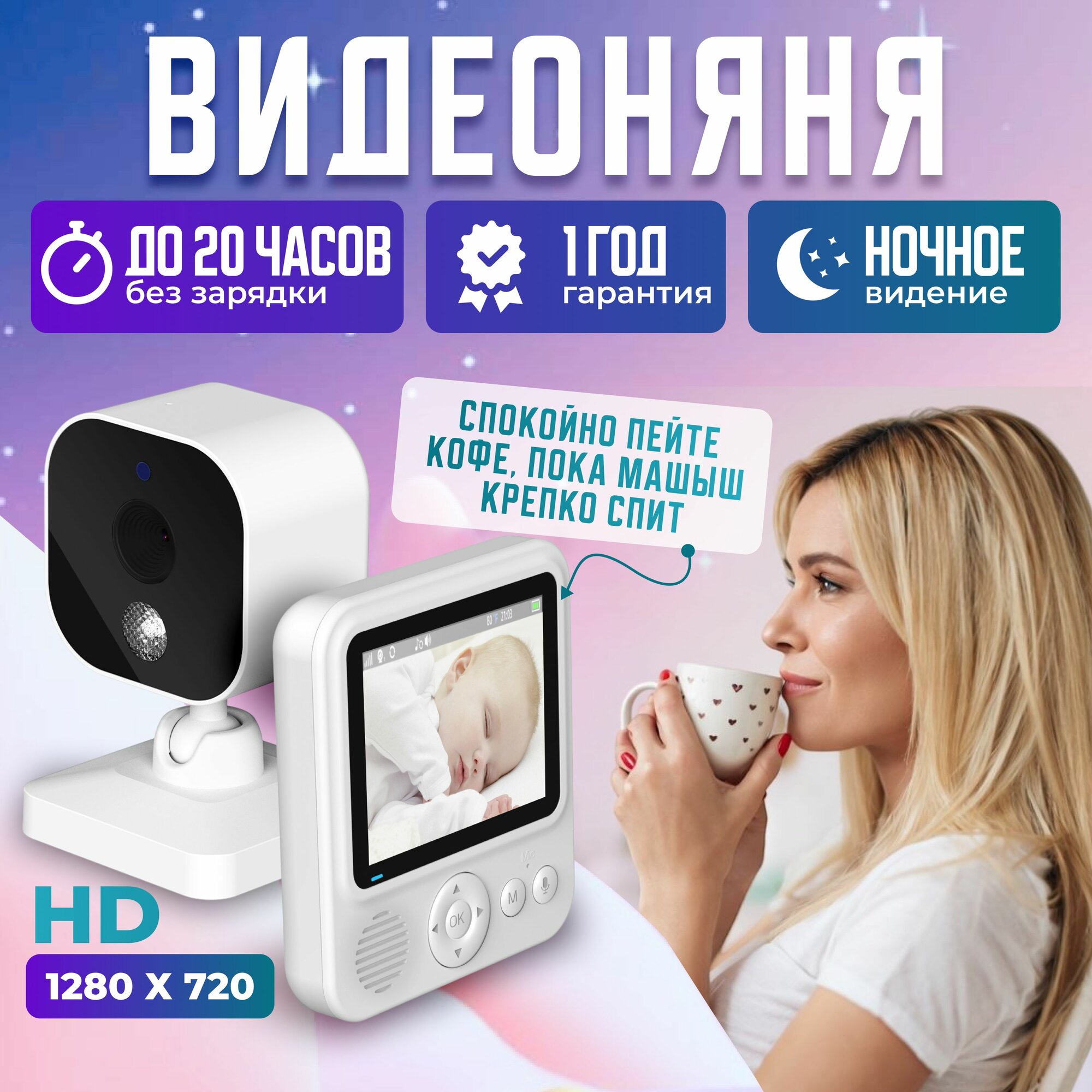 Видеоняня с монитором, беспроводная / Видео няня с двухсторонней связью и автоматическим включением экрана при обнаружении активности или звука, Zealous