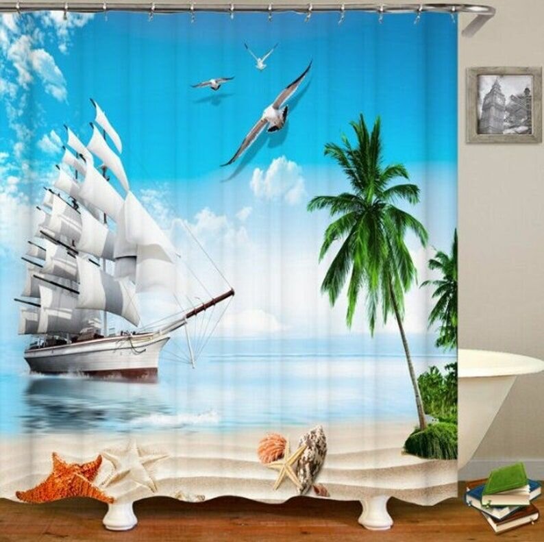 Душевая занавеска тропические пингвины дельфины