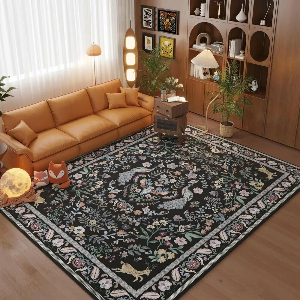 DISTAN Ковер Моющаяся кухонная дорожка для прихожей Внутренняя нескользящая мягкая ковровая дорожка с цветочным рисунком для коридоров, кухни, прачечной, спальни, ванной комнаты (черная), 1.6 x 0.8 м