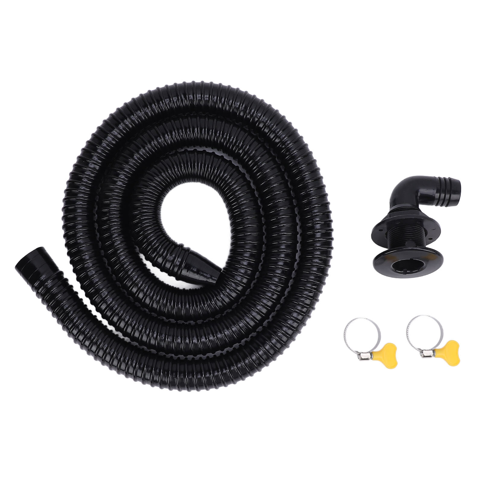 Комплект для установки трюмной системы на лодку. Эффективная морская дренажная система с гибкими утолщенными трубными хомутами и угловым соединителем для насоса производительностью 1100 галлонов в час. Черный цвет.