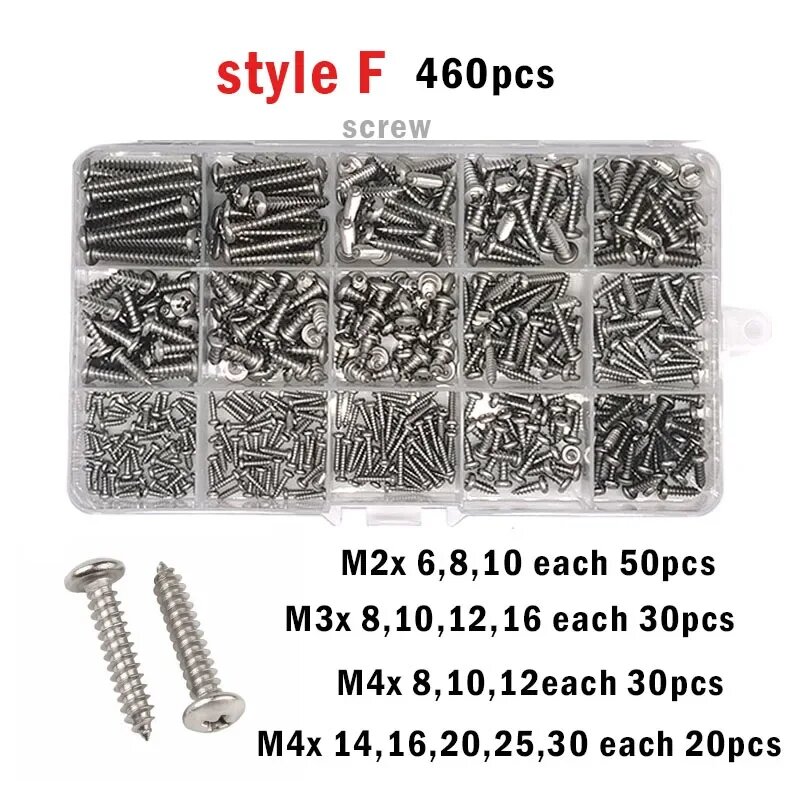 380-1810 шт. M1.2 M1.4 M1.7 M2 M3 M4 304 Нержавеющая сталь Маленькие саморезы с крестообразным шлицем и круглой головкой Набор саморезов по дереву