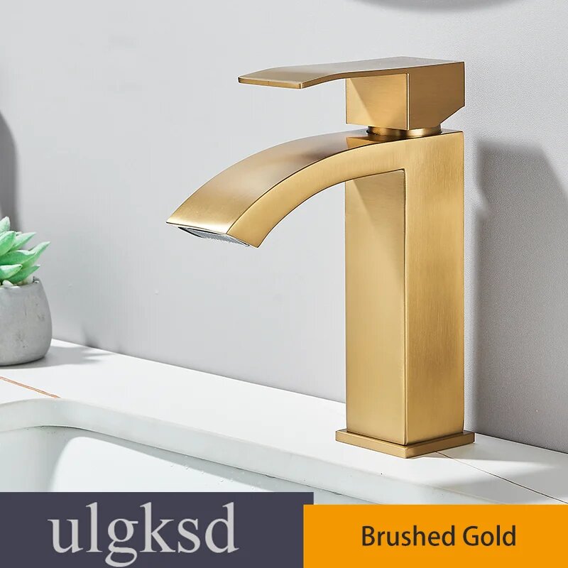 ULGKSD Раковина для ванной комнаты из нержавеющей стали 304, смеситель для раковины, водопад, излив, крепление на палубу, смеситель для холодной и горячей воды, кран для умывальника для ванной комнаты, Brushed Golden