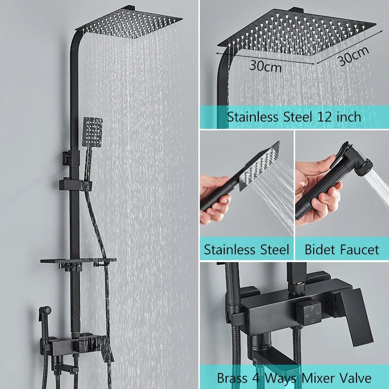 Смеситель для душа саeuwtowy современный чёрный/хром, Black 4way 12inch